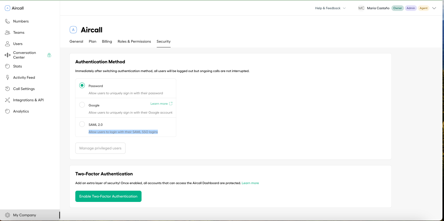 Enabling Two Factor Authentication – Aircall Enabling Two Factor Authentication – Aircall